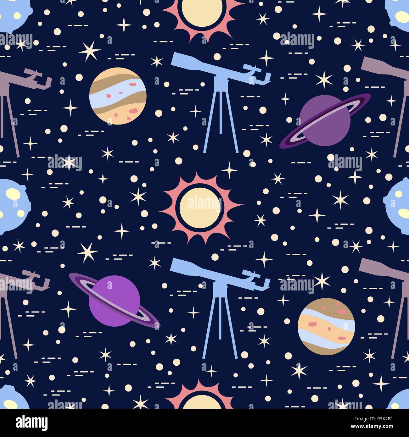 Seamless pattern with telescope, sun, planets, stars. Space exploration ...