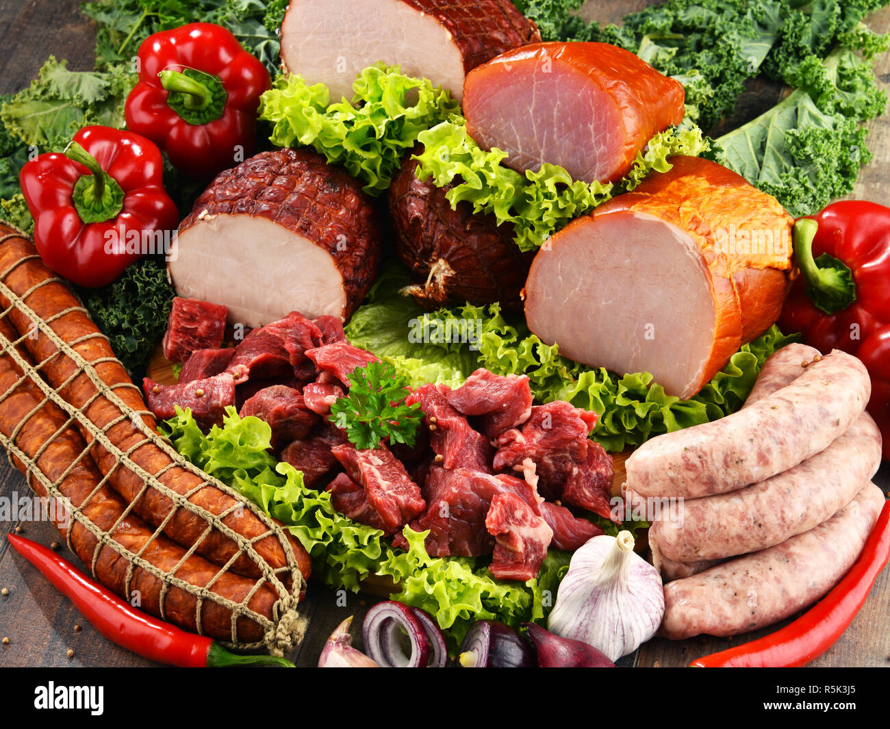 Variety of meat products including ham and sausages Stock Photo - Alamy