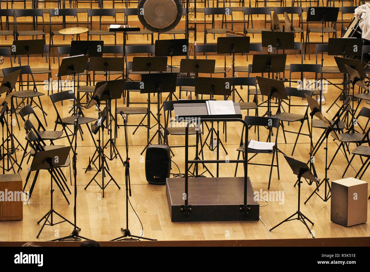 concert hall stage with stands and chairs Stock Photo - Alamy