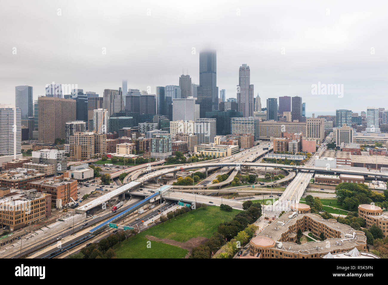Aerial view of the Circle Interchange and downtown Chicago Stock Photo ...