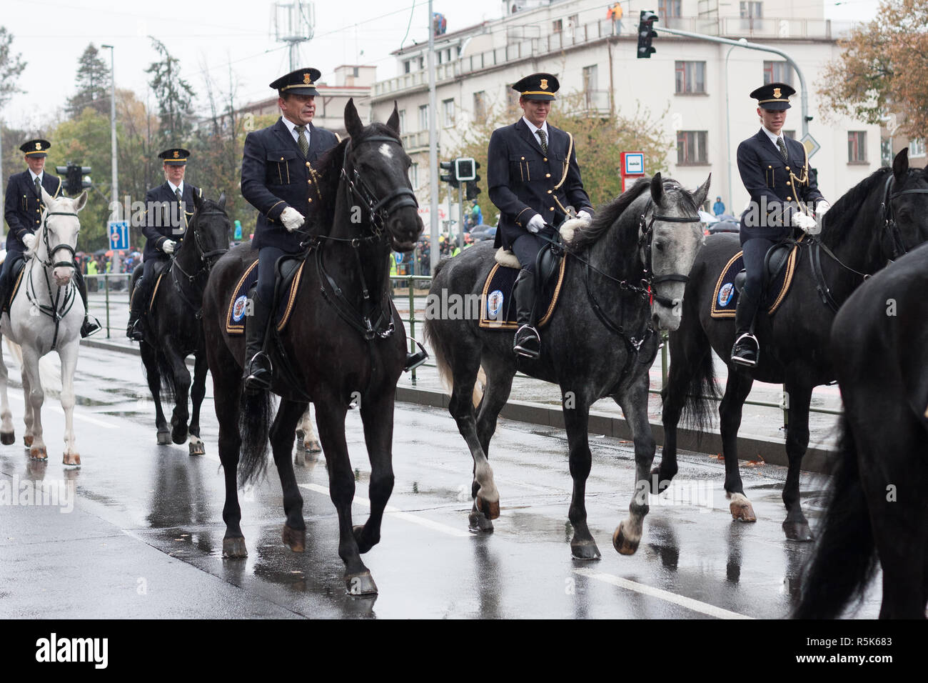 European street, Prague-October 28, 2018: Mounted Police of Czech ...