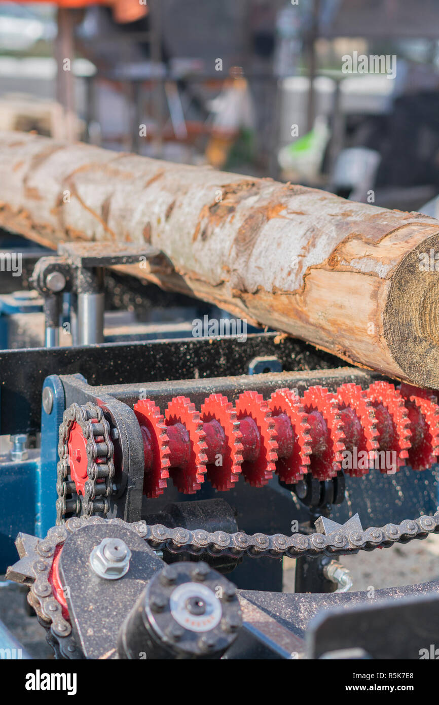 woodworking enterprise. Wood Cutting Machine. Partially milled log on a ...