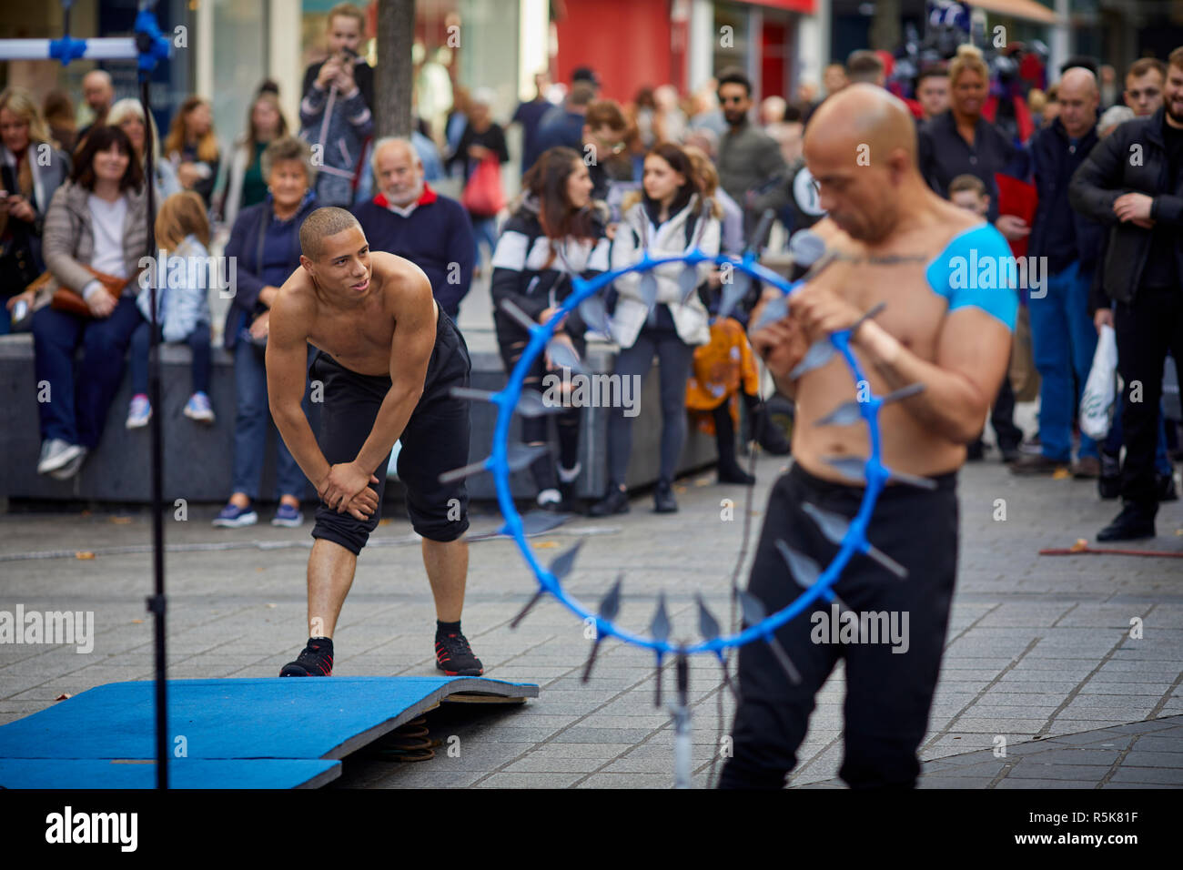 Liverpool city centre street performance father son buskers bare devil ...
