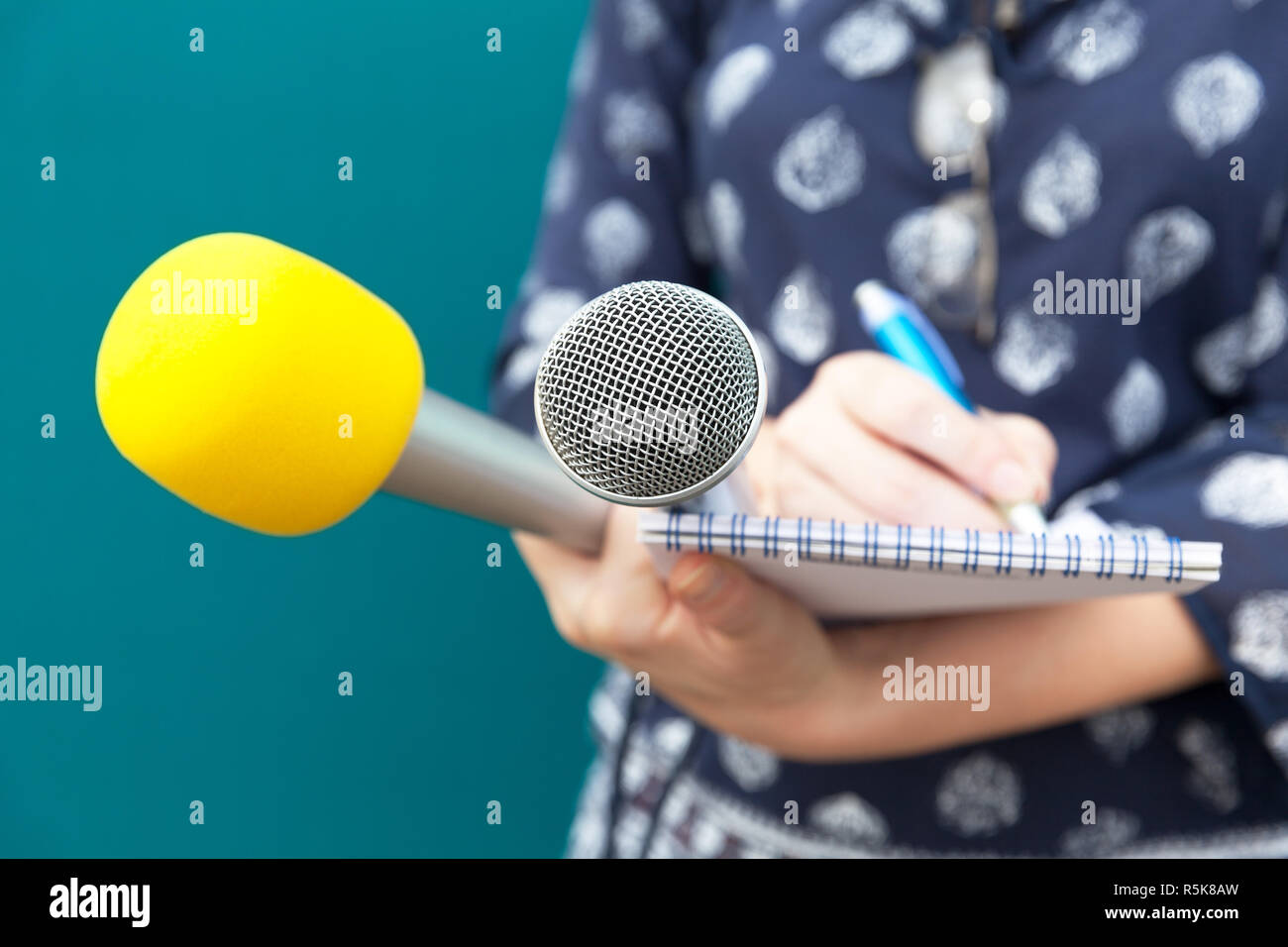 Female reporter taking notes at news conference Stock Photo - Alamy