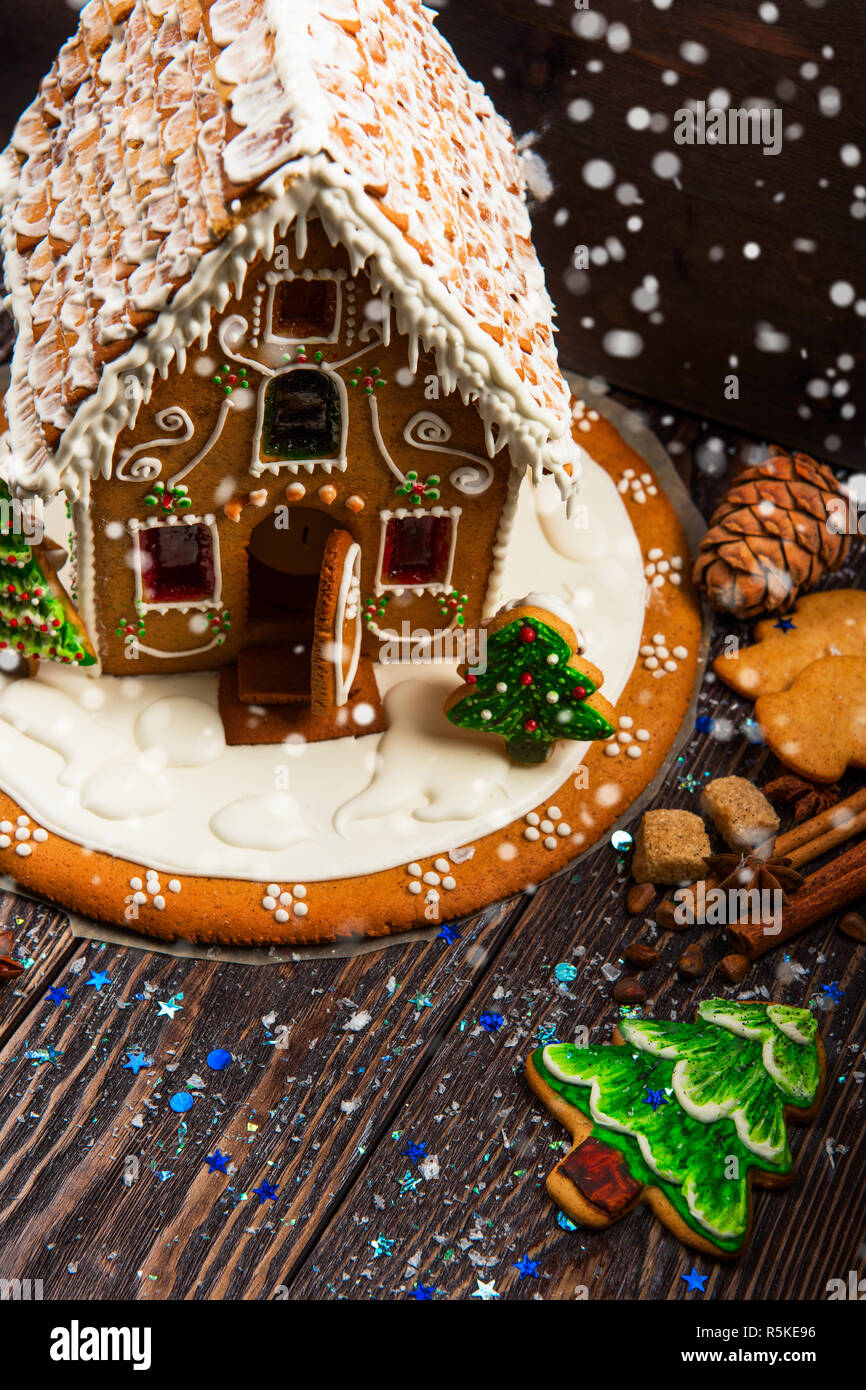 Gingerbread house with lights Stock Photo - Alamy