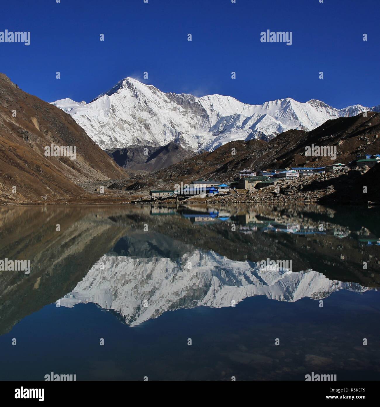 Mount Cho Oyu and hotels mirroring in Gokyo lake. Autumn scene in the ...