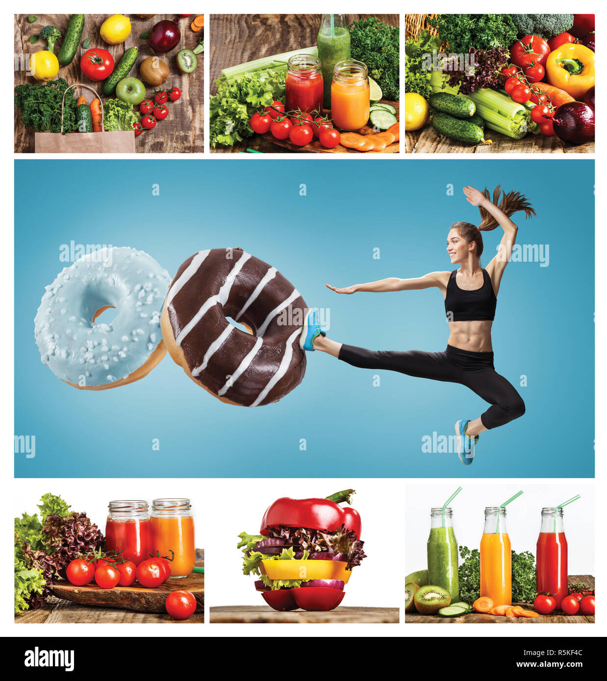 Fit young woman fighting off bad food on a blue background Stock Photo ...