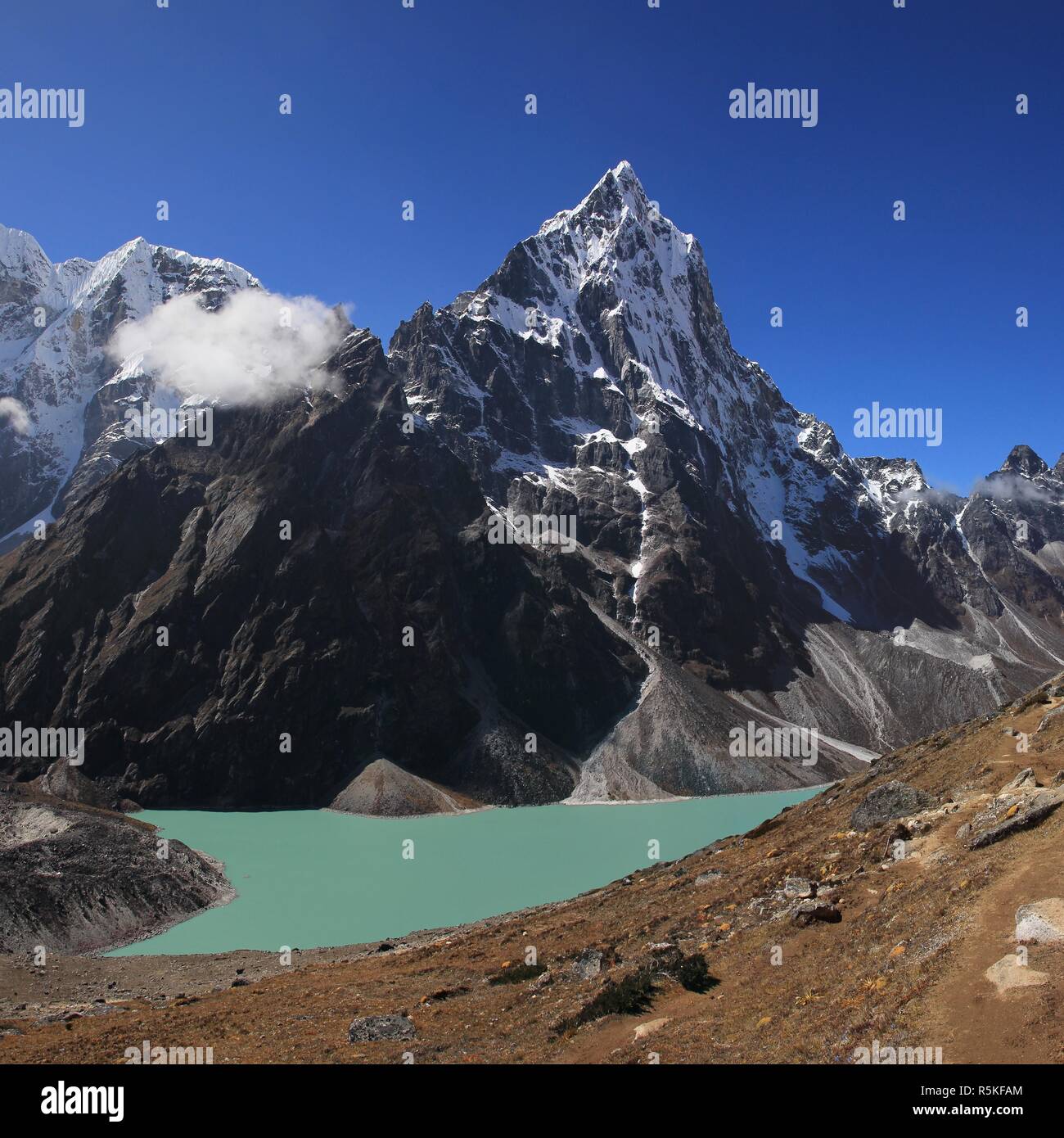 Turquoise Lake Chola and Mount Taboche Peak, Everest National Park ...