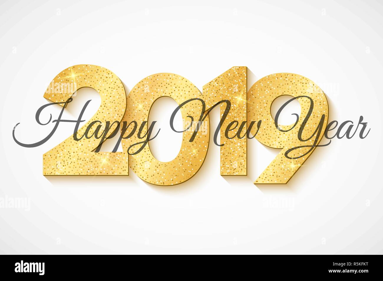 Happy New Year 2019. 3d Numbers of gold glitters. Black calligraphy ...
