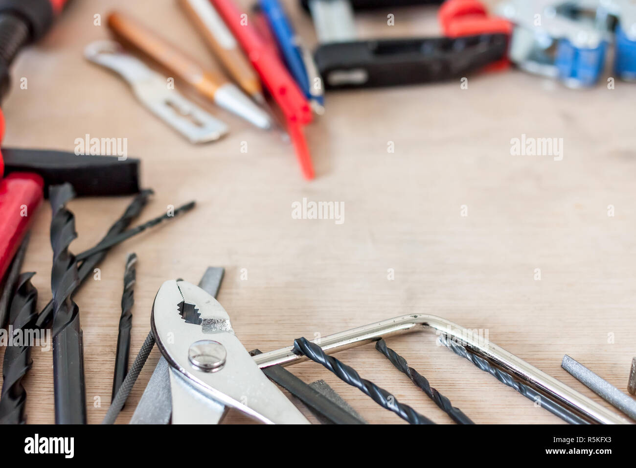 black and white many different tools in mess Stock Photo - Alamy