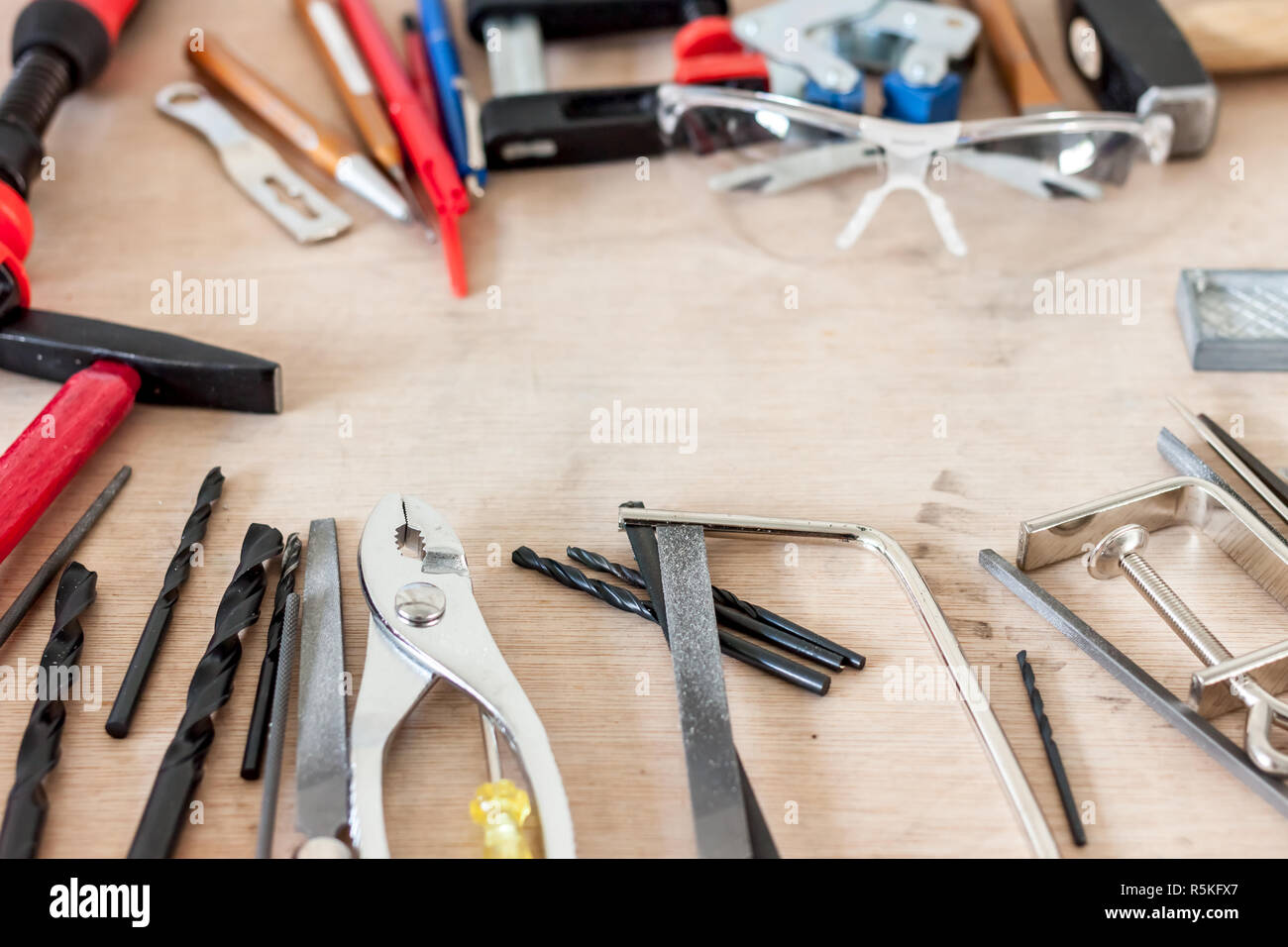 black and white many different tools in mess Stock Photo - Alamy