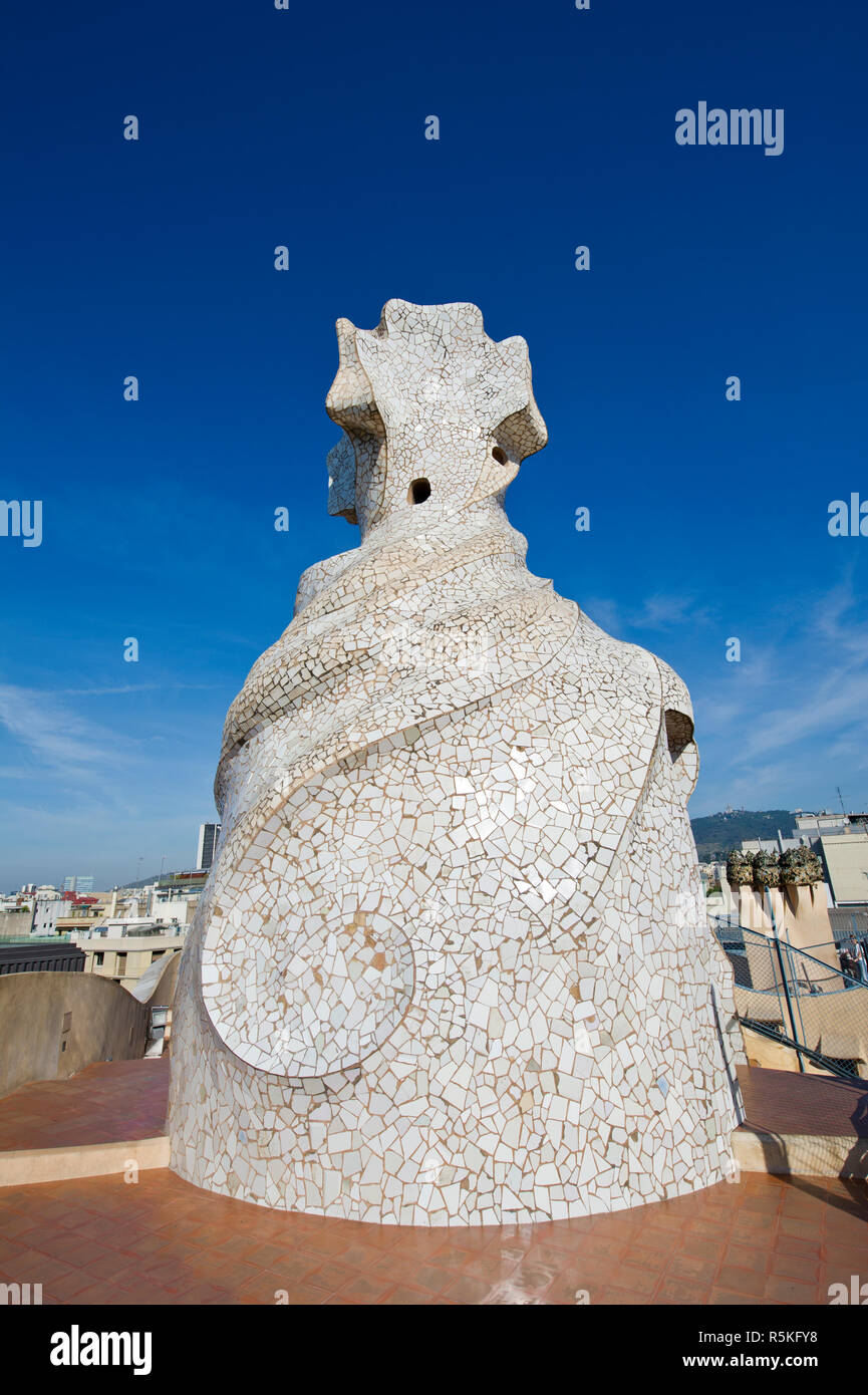 Chimneys sculptures on the rooftop of the Casa Mila building designed ...