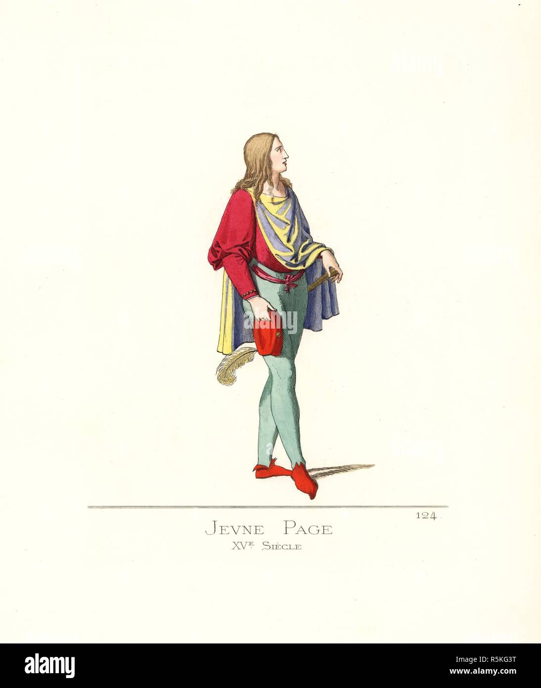 Young page boy, 15th century. He wears a gold two-tone cape, red tabard ...