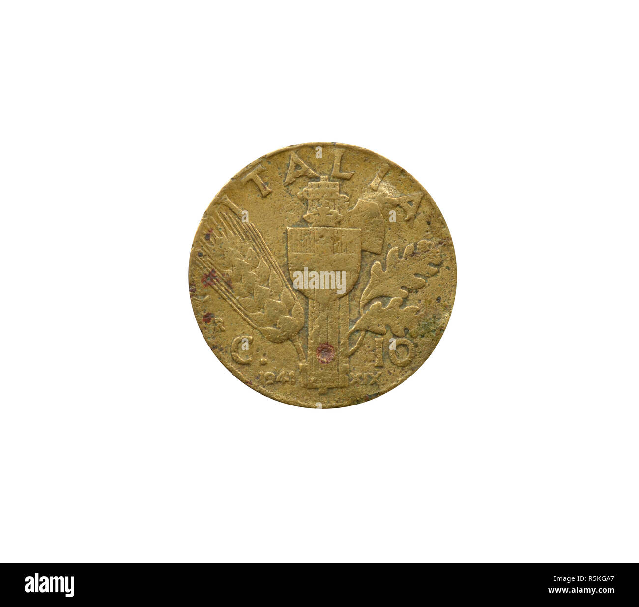 Reverse of 10 Centesimo coin made by Italy that shows Coat of arms ...