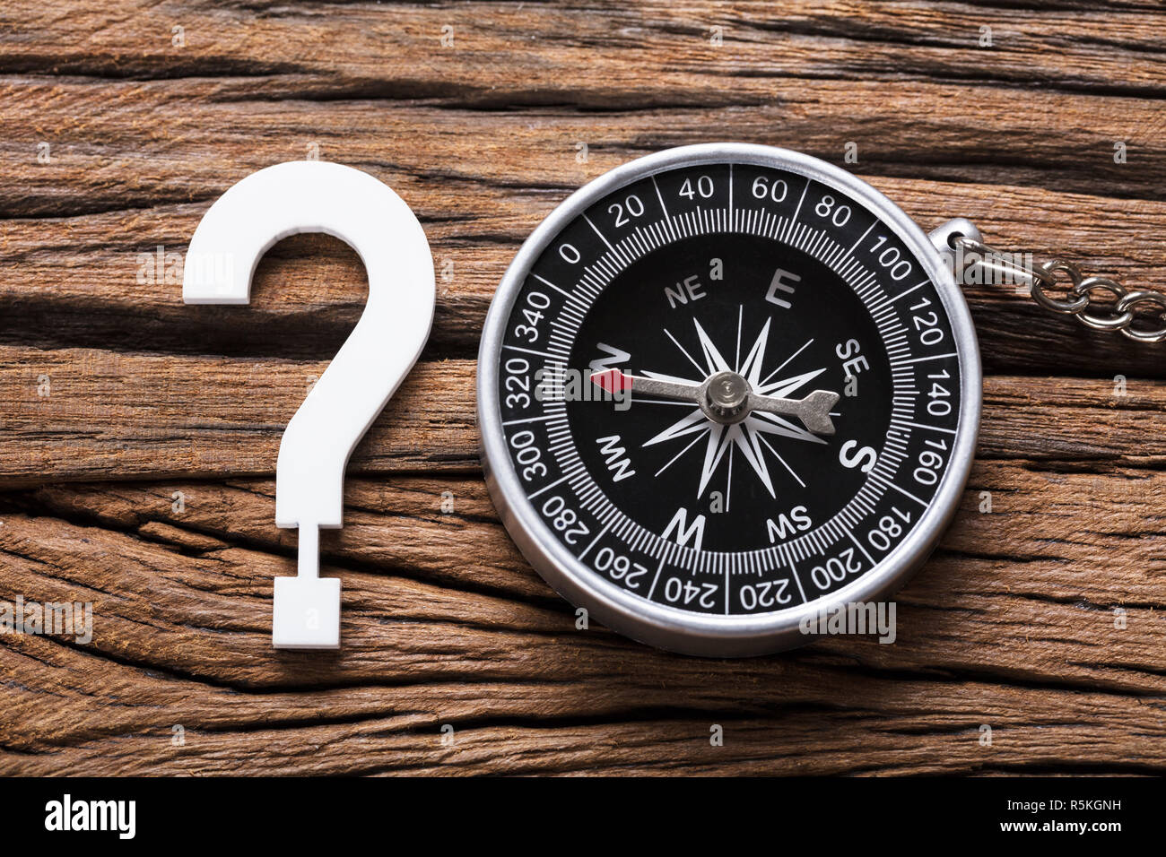 Compass And Question Mark On Wood Stock Photo - Alamy