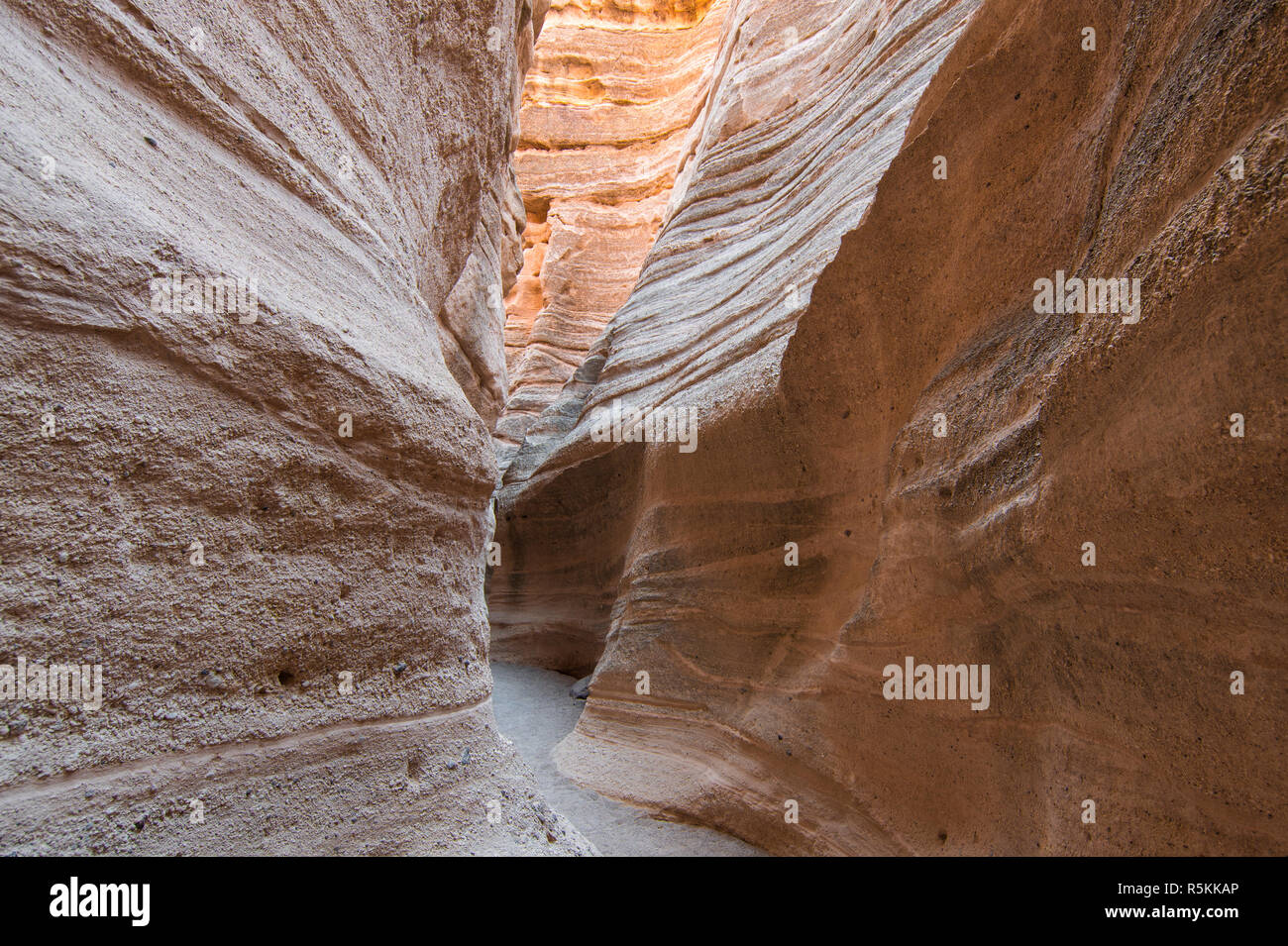 A path winding through the bottom of a slot canyon with sunlight ...