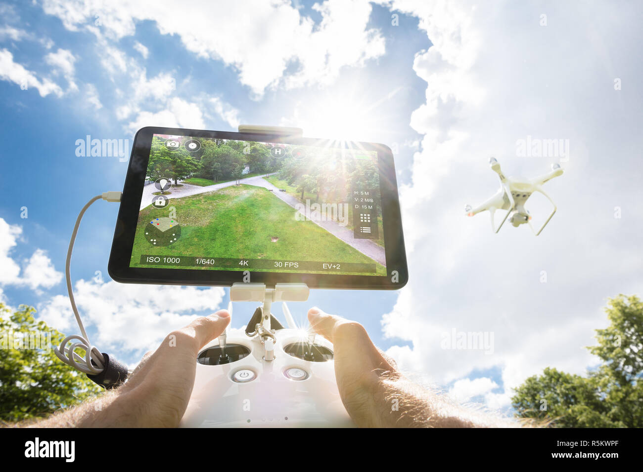 Hands controlling drone filming park against cloudy sky Stock Photo - Alamy
