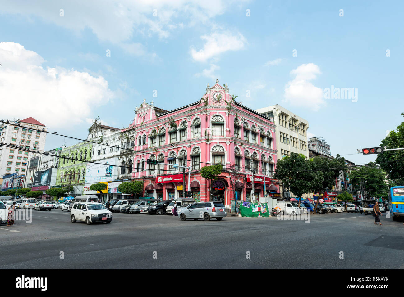 YANGON, MYANMAR - 16 NOVEMBER, 2018: Horizontal picture of the streets ...