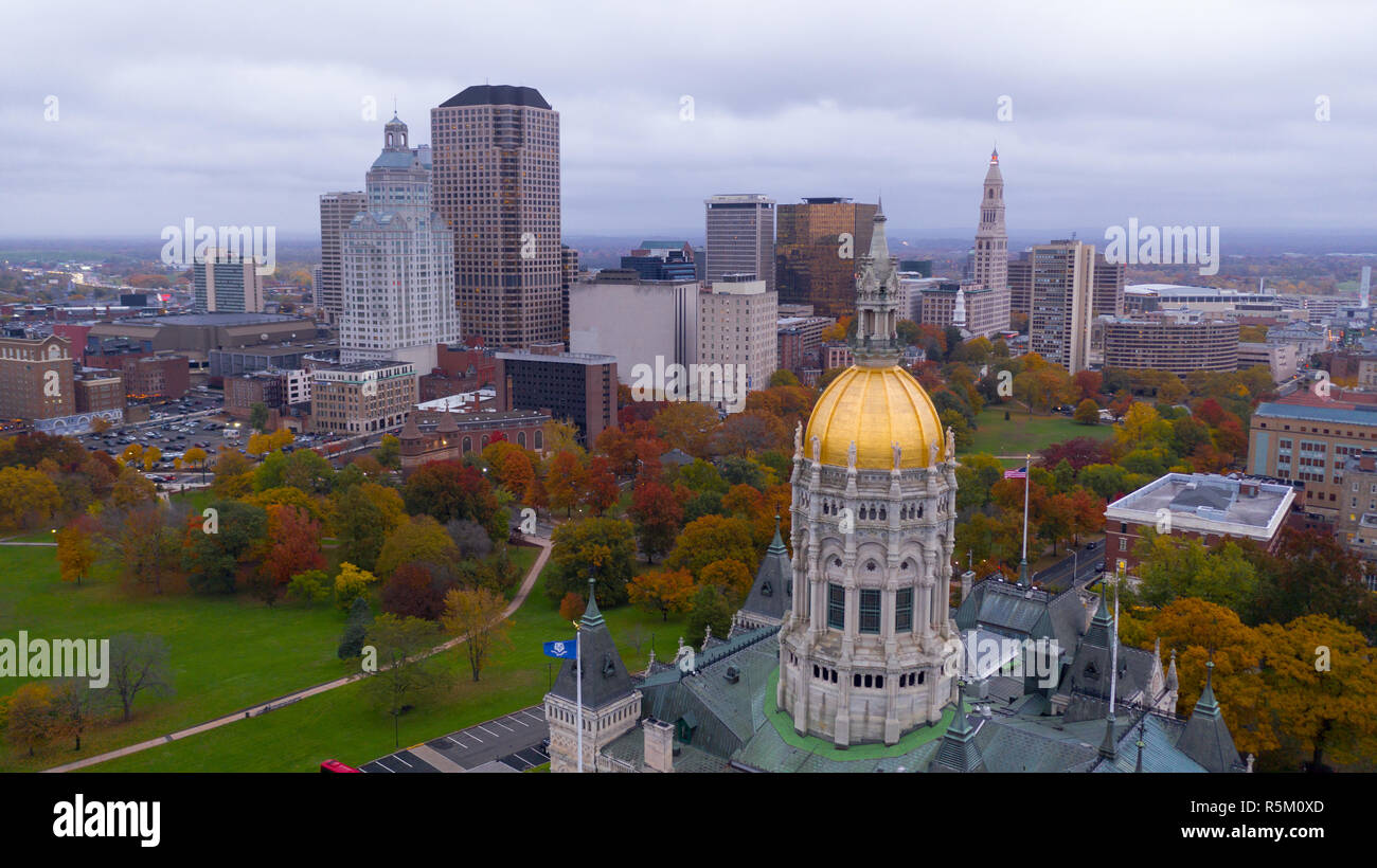 An aerial view focusing on the Connecticut State House with blazing ...