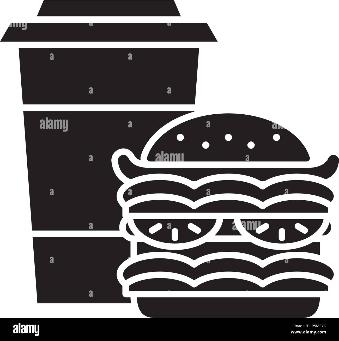 Hamburger and coffee black icon, vector sign on isolated background ...