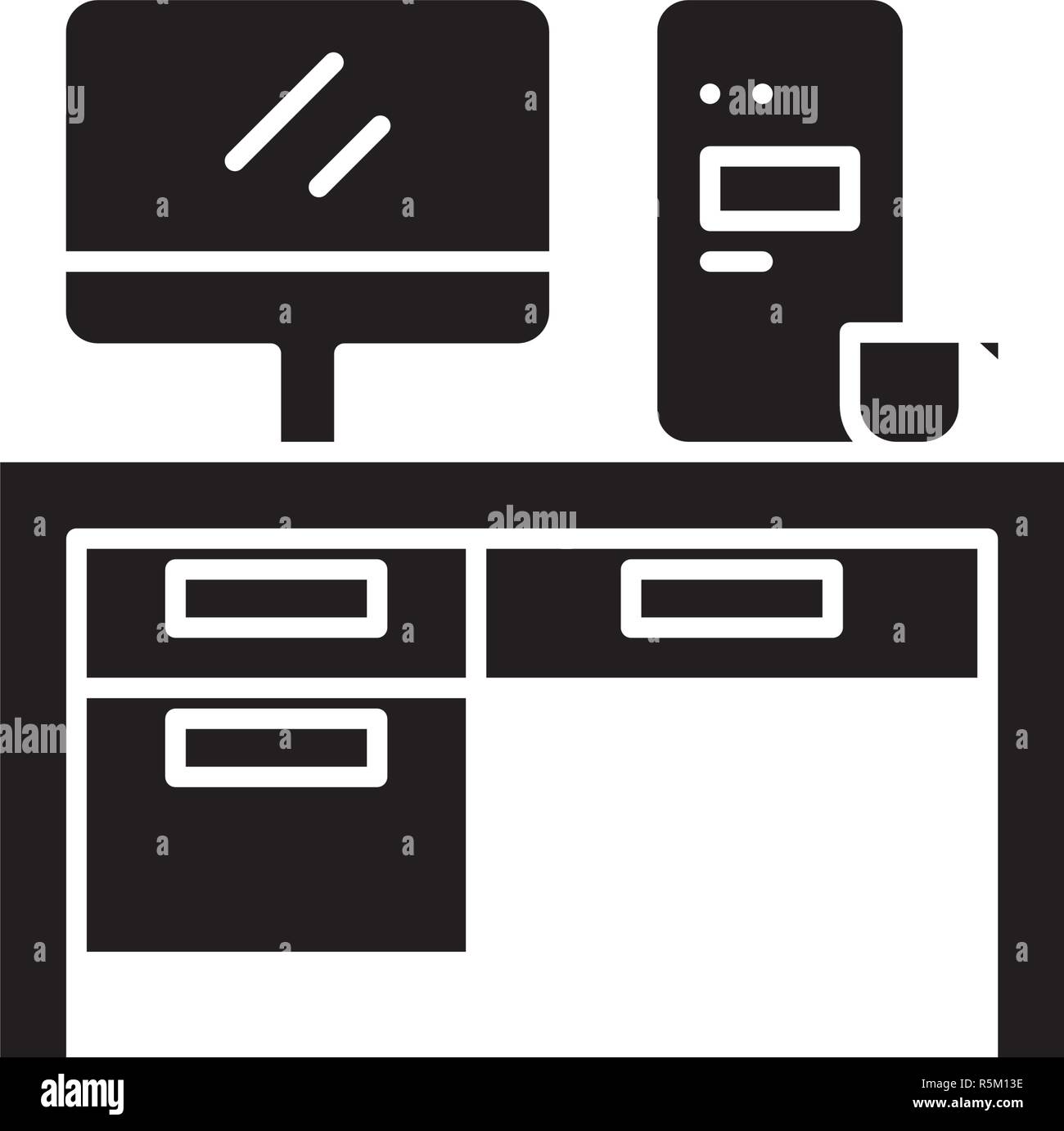 Home computer desk black icon, vector sign on isolated background. Home ...