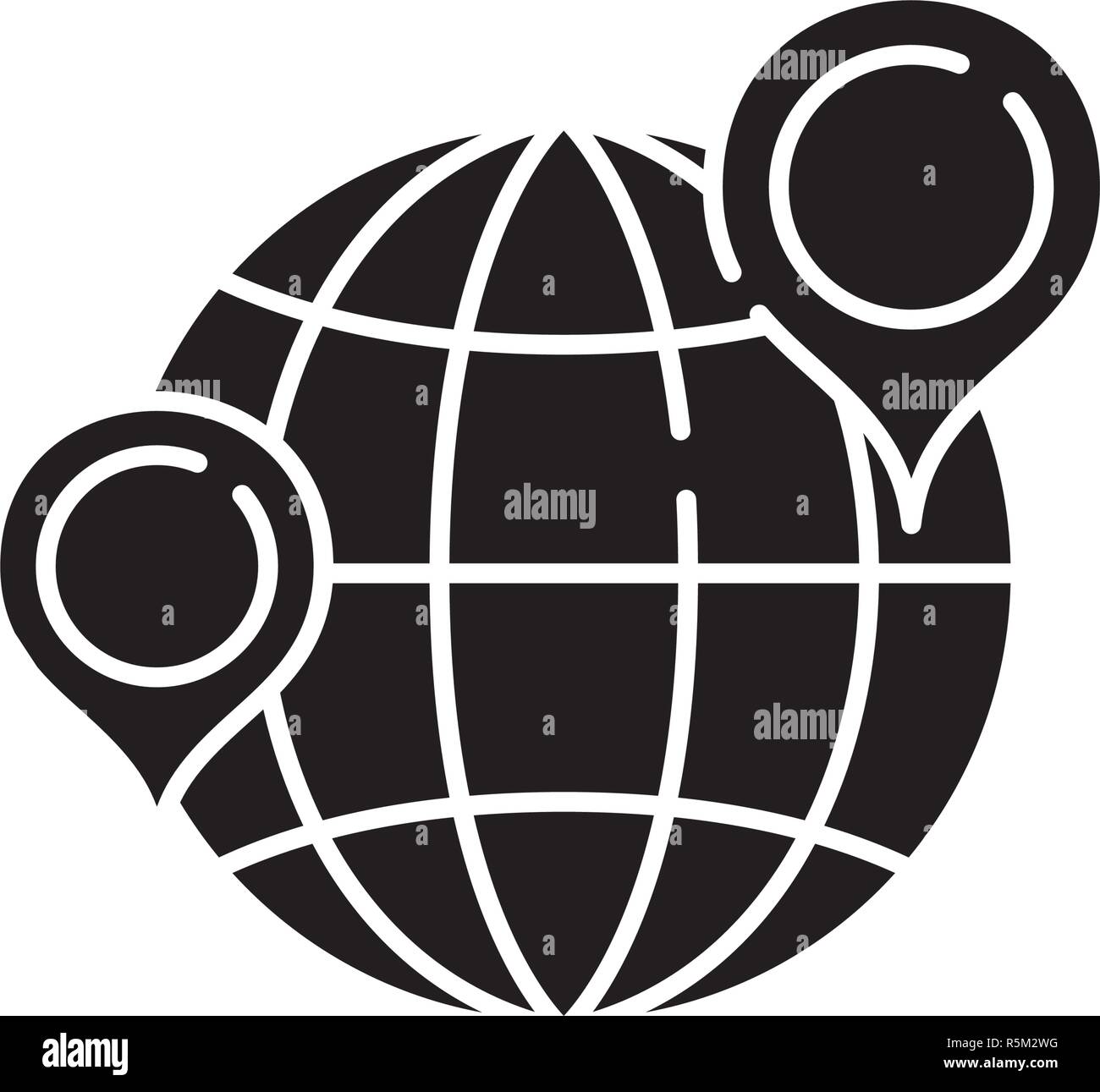 Globe with pointers black icon, vector sign on isolated background. Globe with pointers concept ...