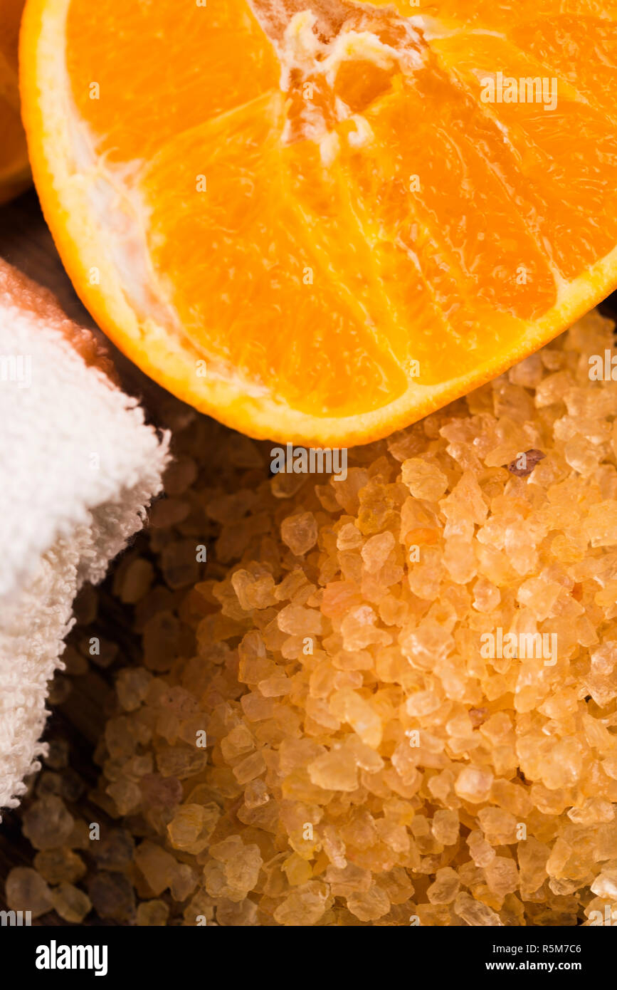 Orange bath salt and fruits Stock Photo - Alamy