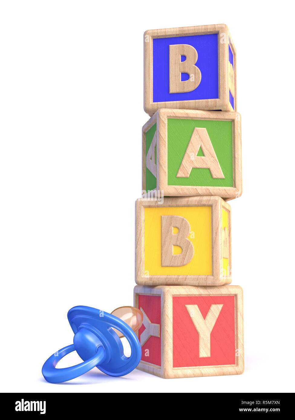 Word BABY made of wooden blocks toy and baby pacifier 3D Stock Photo ...