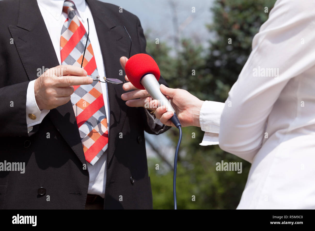 Media interview. Journalist. Microphone Stock Photo - Alamy