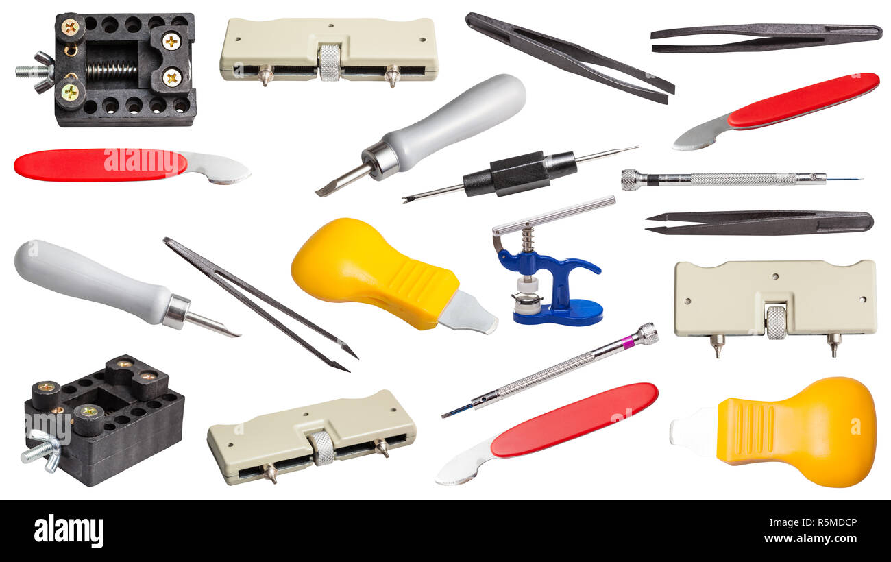 various tools for repairing watches isolated Stock Photo - Alamy