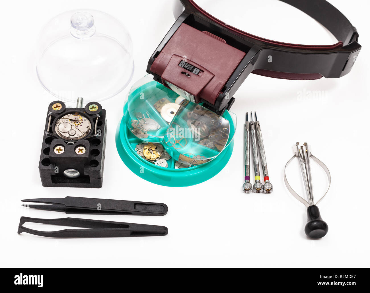 kit of tools with head-mounted magnifier Stock Photo - Alamy