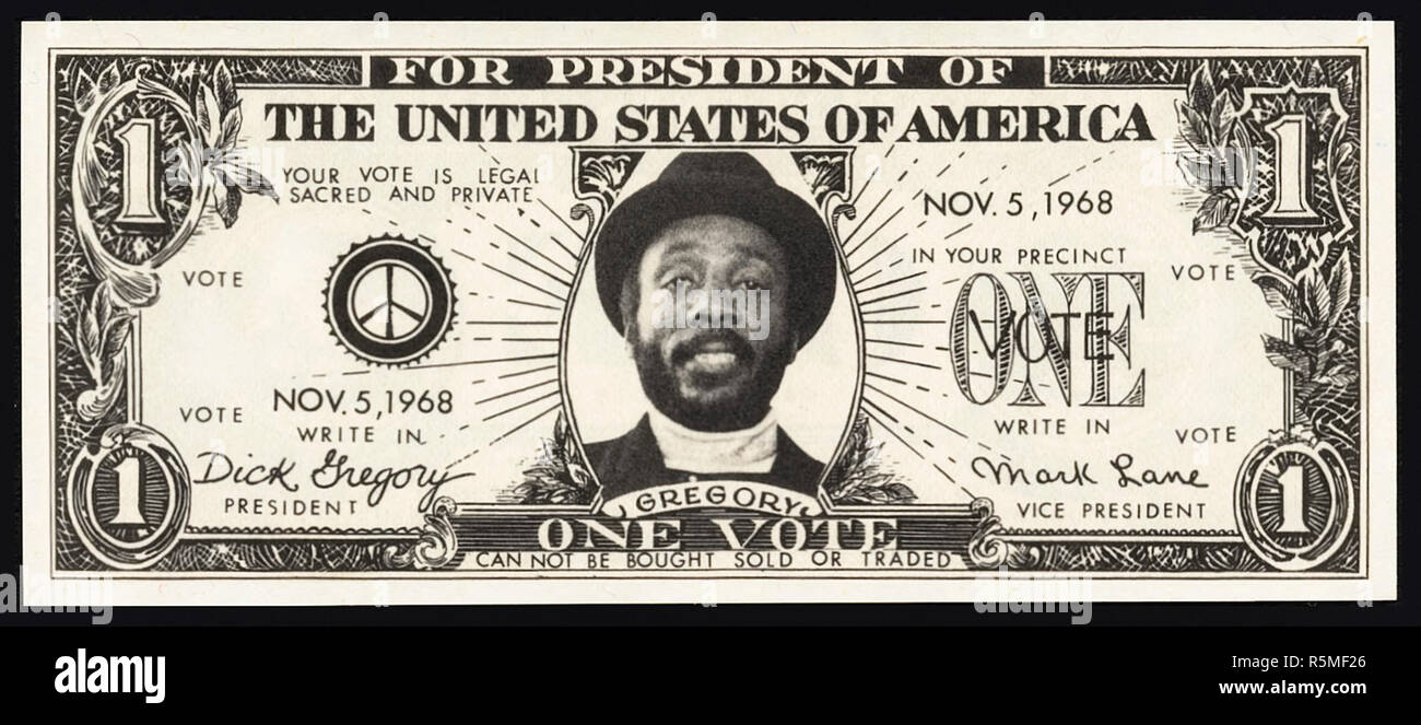 Dick Gregory (1932-2017) promotional dollar bill produced for his 1968 ...