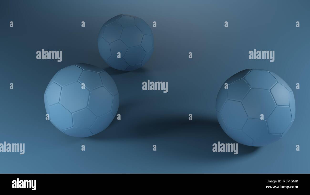Three blue football balls in a blue background - 3D rendering ...