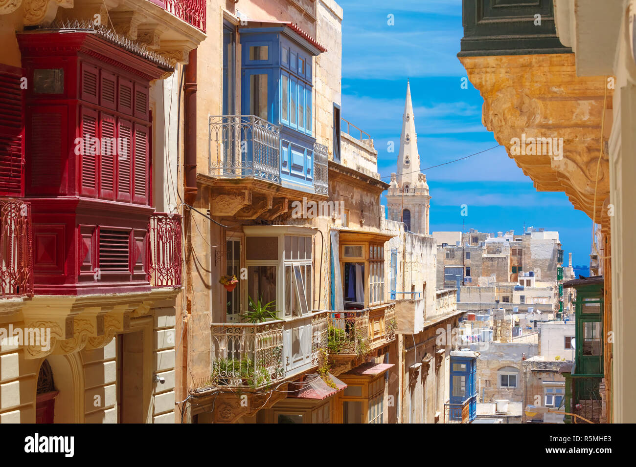 Traditional colorful wooden balconies, Malta Stock Photo - Alamy
