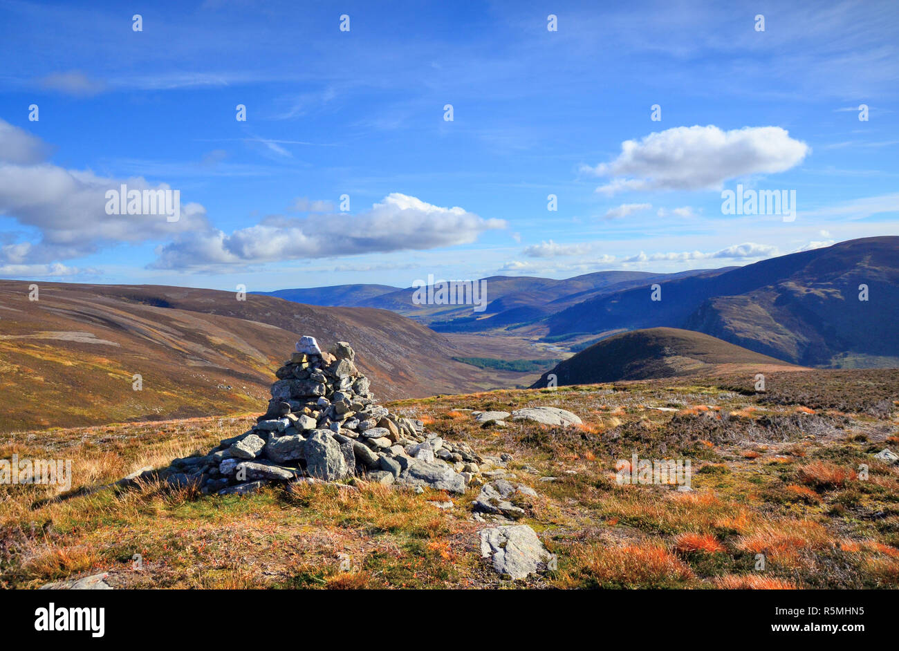 A stone cairn on route to the the top of Mount Keen in Glen Esk, Angus ...
