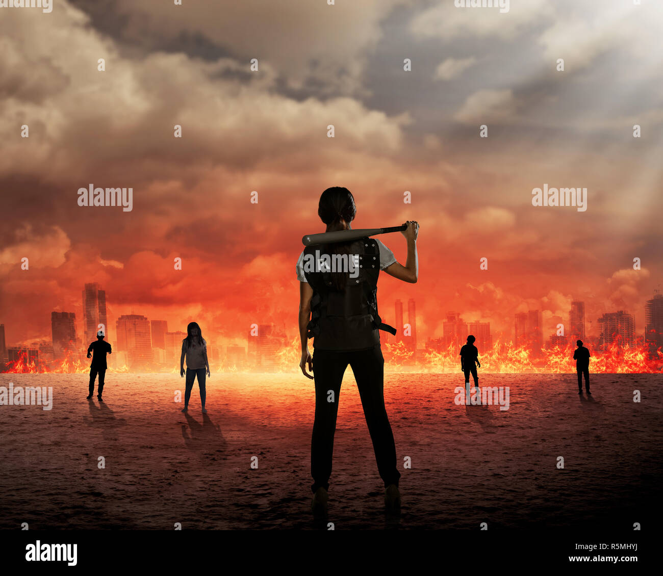 Back view of police woman ready to fight zombie Stock Photo - Alamy