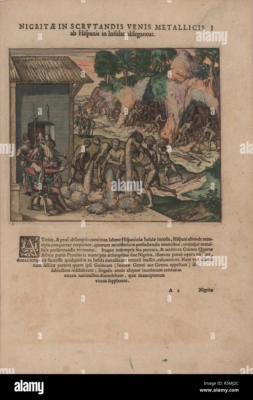 Slaves pour ore in front of European soldiers. In the background ...