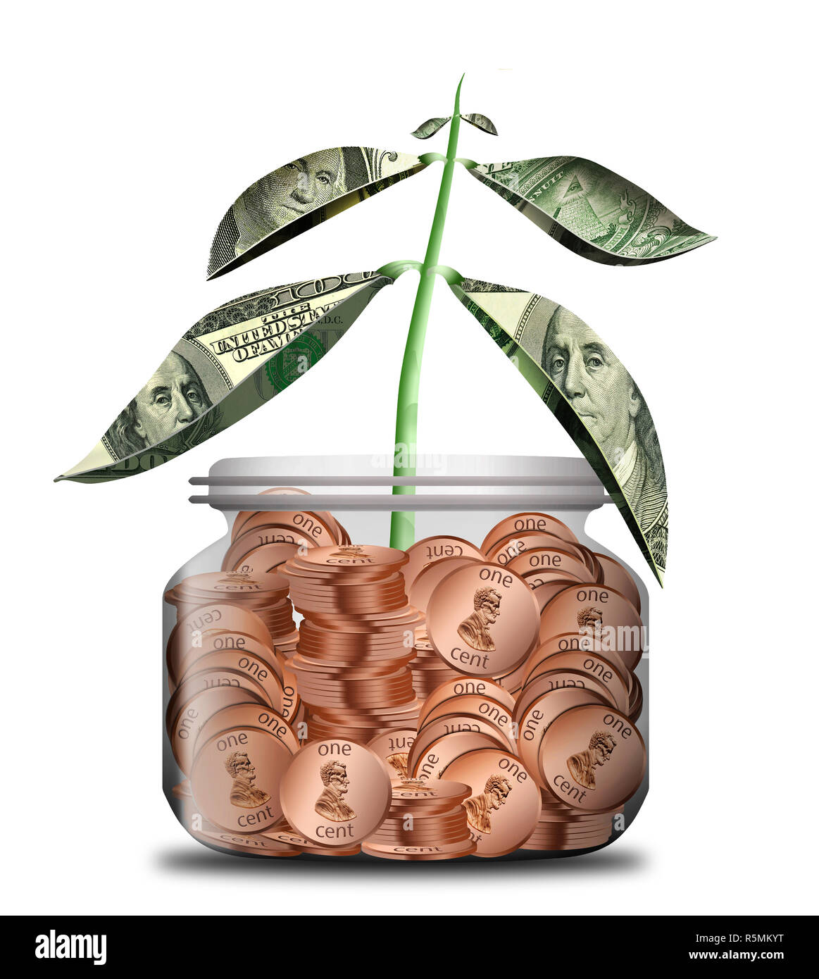 A new plant with leaves made of money grows out of a glass jar filled ...