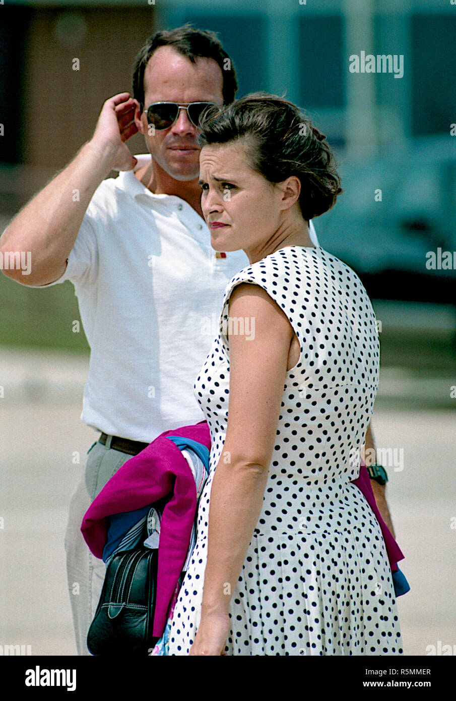 Camp Springs, Maryland. 8-11-1992 First daughter Dorothy Bush Koch watches as her parents arrive ...