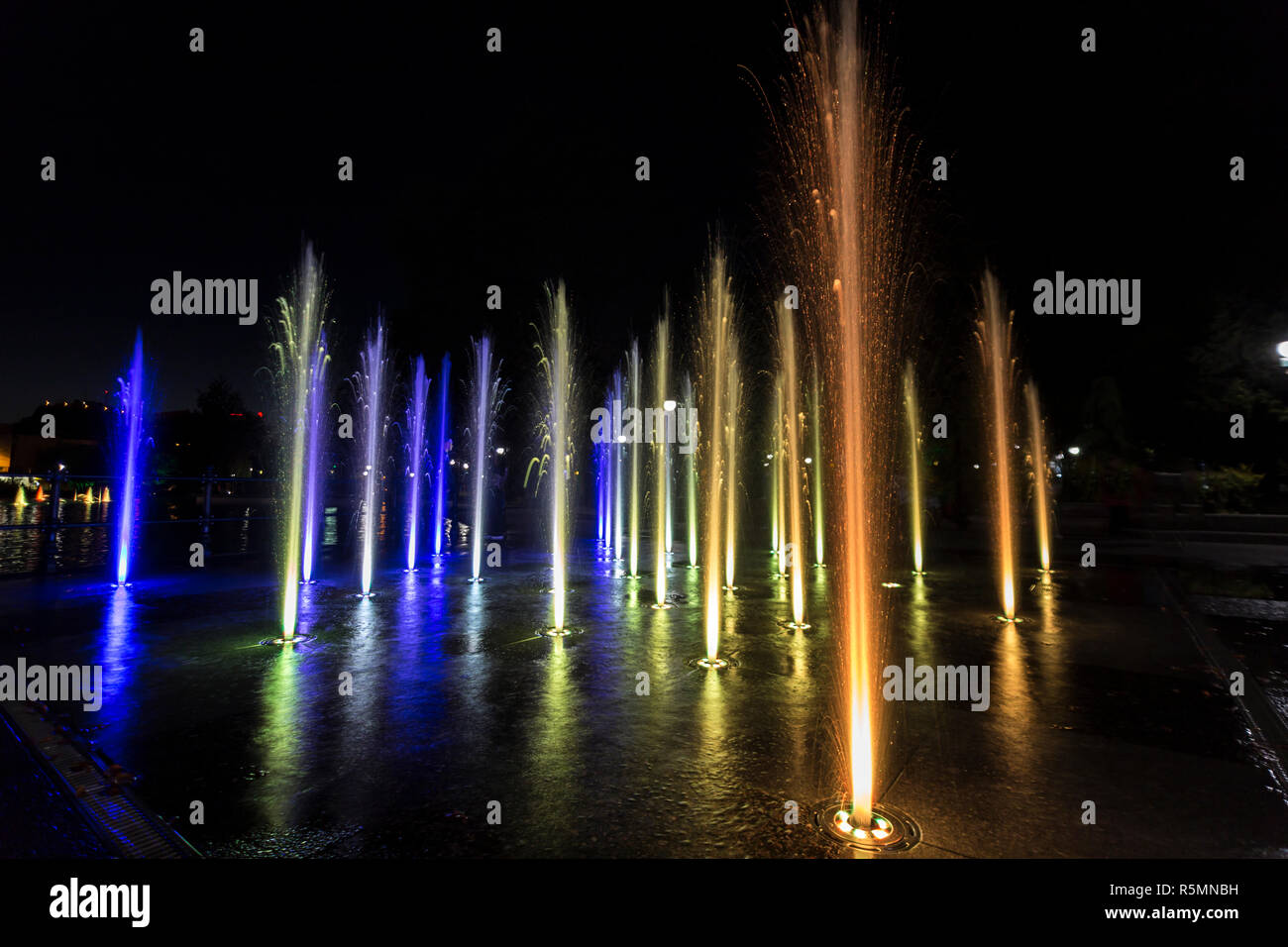 Brightly and colorfully lit fountain in Plovdiv, Bulgaria Stock Photo ...