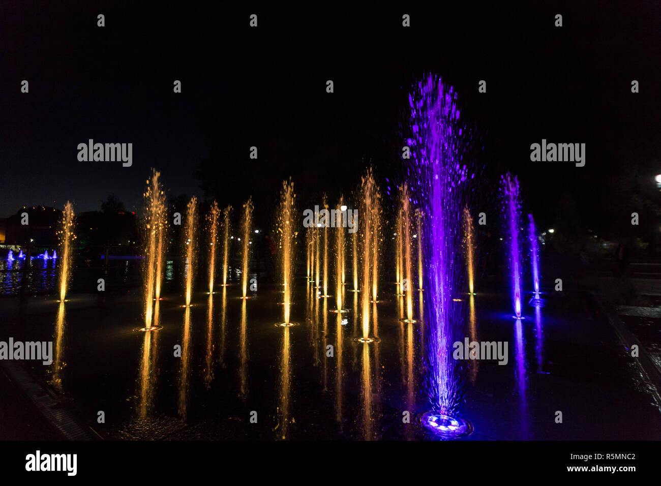Brightly and colorfully lit fountain in Plovdiv, Bulgaria Stock Photo ...