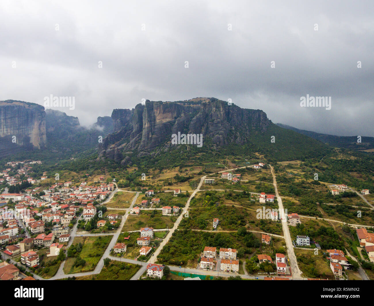 Aerial view of the Kalambaka town and the Meteora rock phenomenon Stock ...