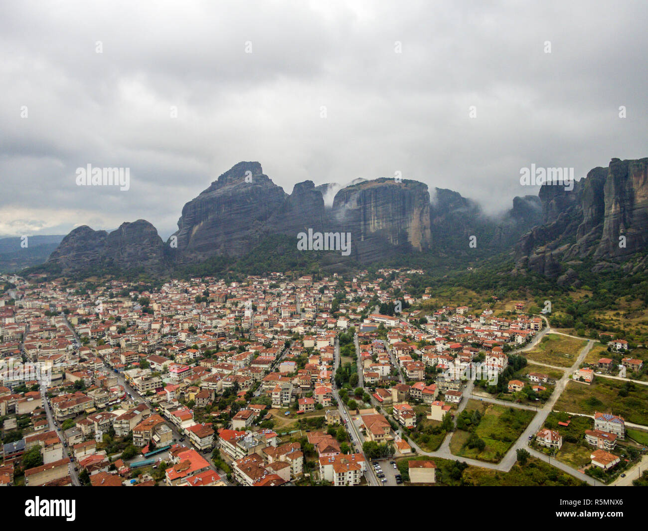 Aerial view of the Kalambaka town and the Meteora rock phenomenon Stock ...