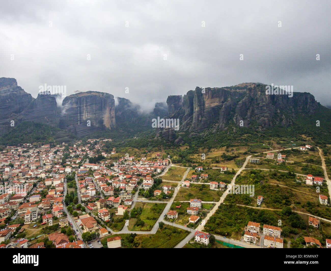 Aerial view of the Kalambaka town and the Meteora rock phenomenon Stock ...