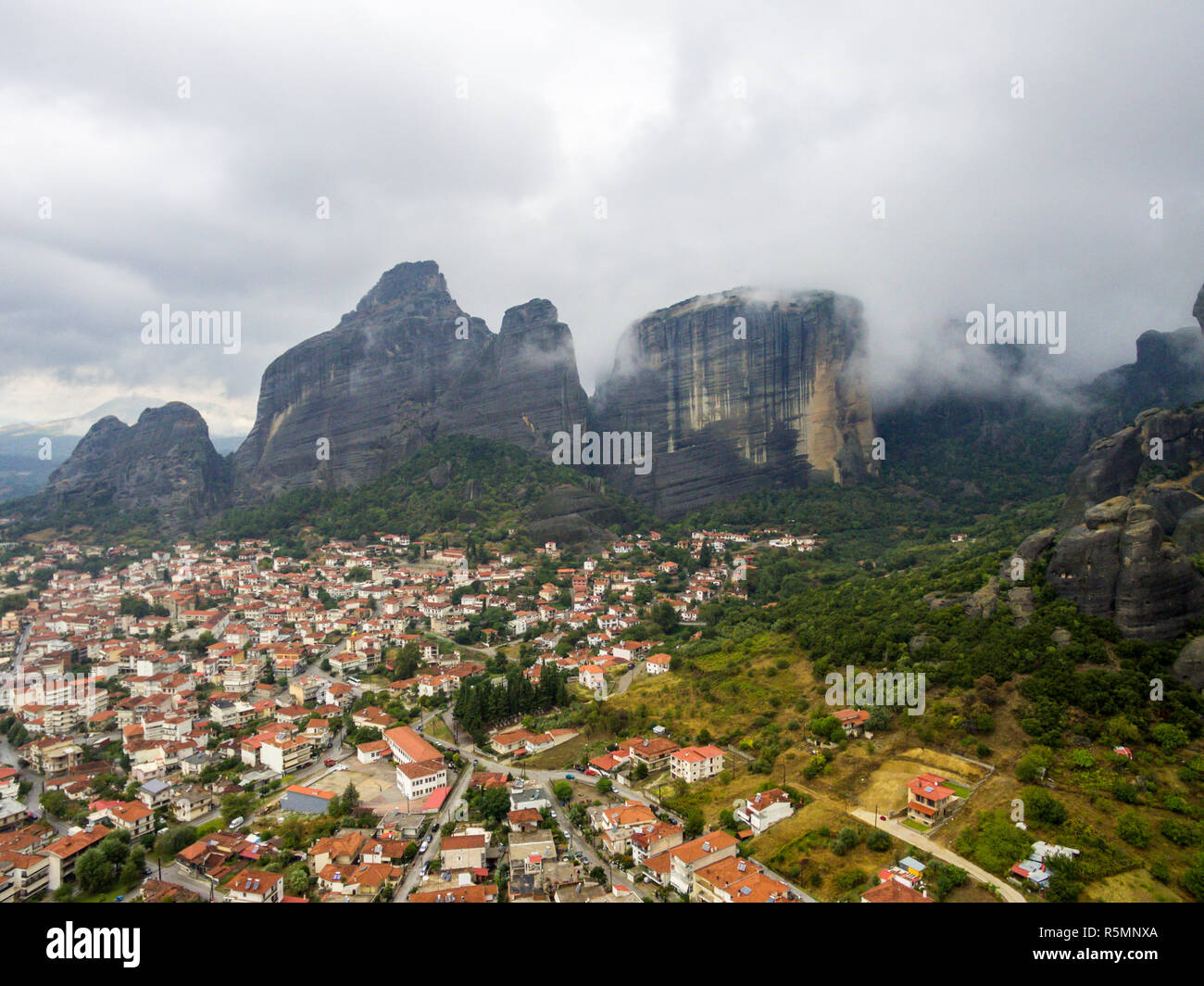 Aerial view of the Kalambaka town and the Meteora rock phenomenon Stock ...