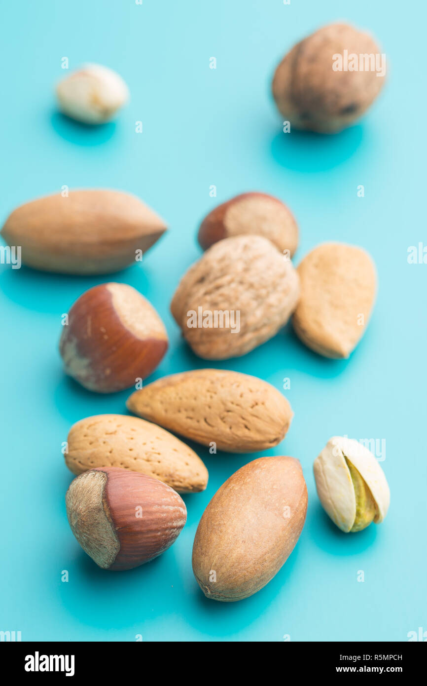 Different types of nuts in the nutshell Stock Photo - Alamy