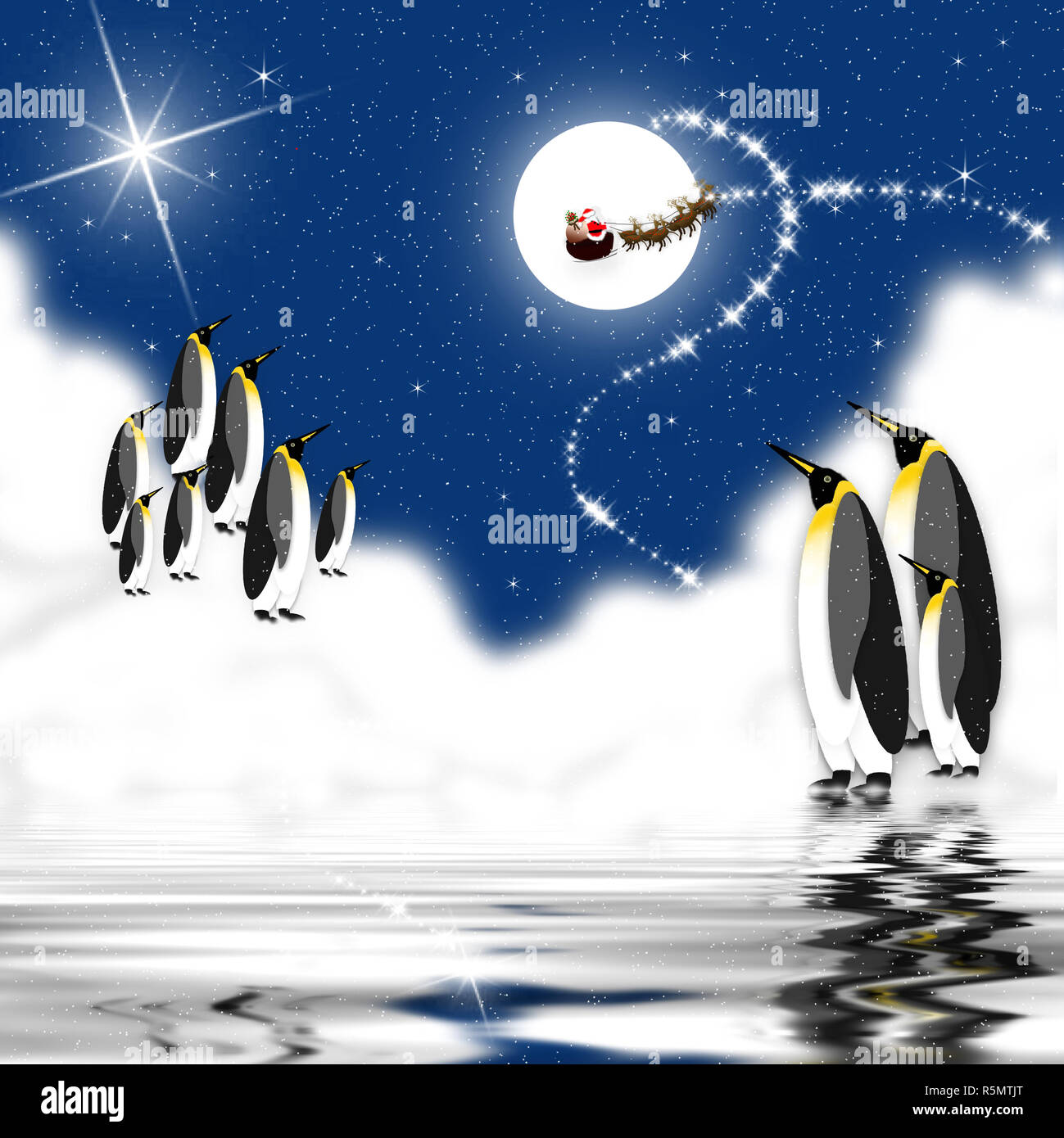 Background illustration of Penguins in the Artic in awe of Santa Claus ...