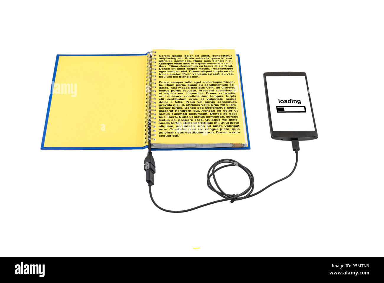 Notepad connected to a smartphone through an USB cable. Optical ...