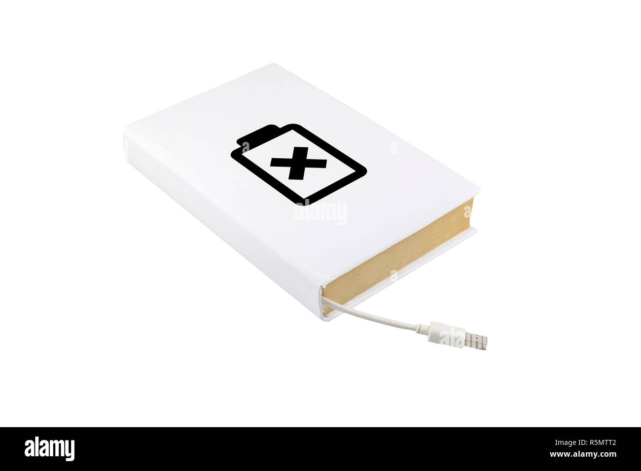 Book with battery icon and male USB connector isolated on white ...