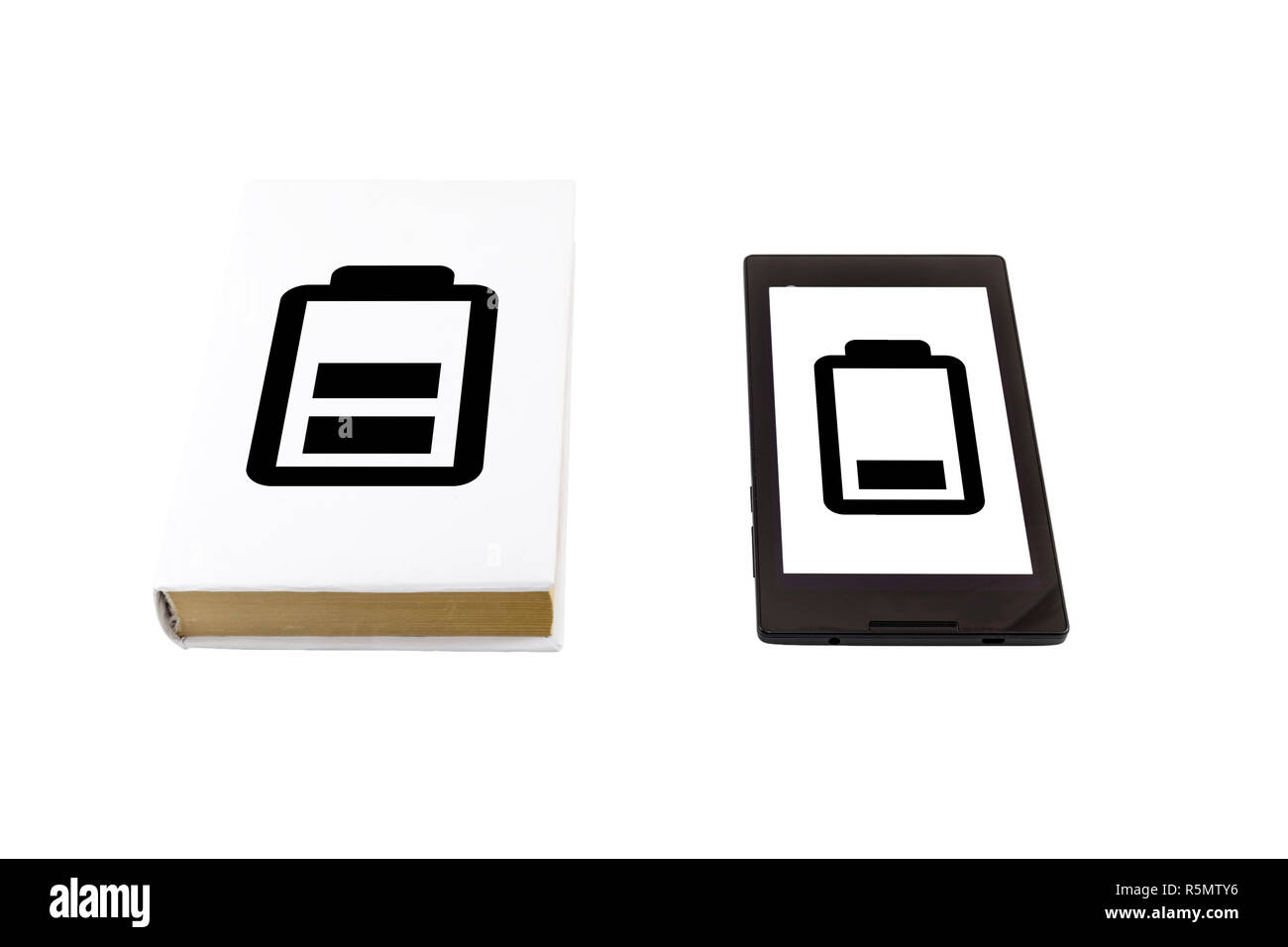 Comparison of a tablet and a book isolated on white. Battery life ...